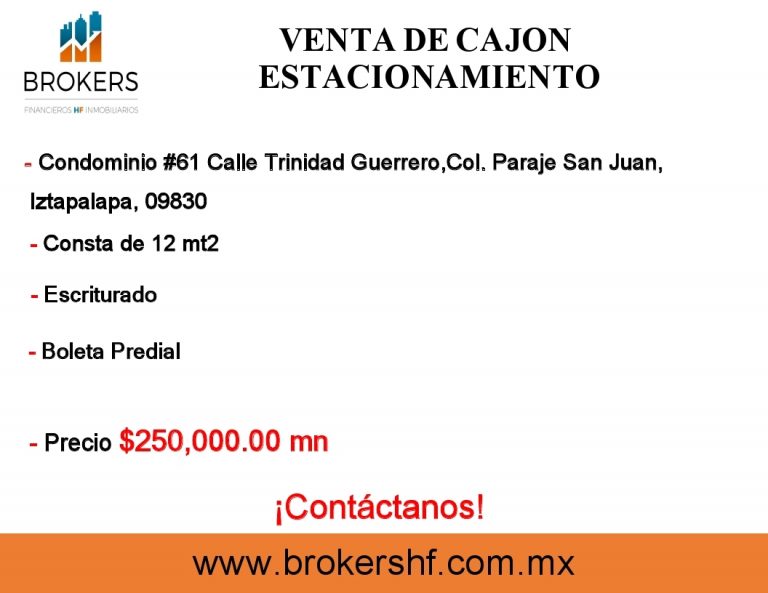 Venta de Cajón de Estacionamiento – BROKERS FINANCIEROS HF INMOBILIARIOS